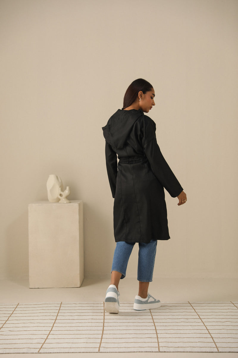 Stylish Black Recycled Polyester Raincoat | Free Shipping | Long Fit