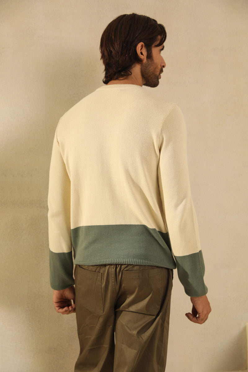 Round Neck Men's Cream & Sage Green Panel Sweater