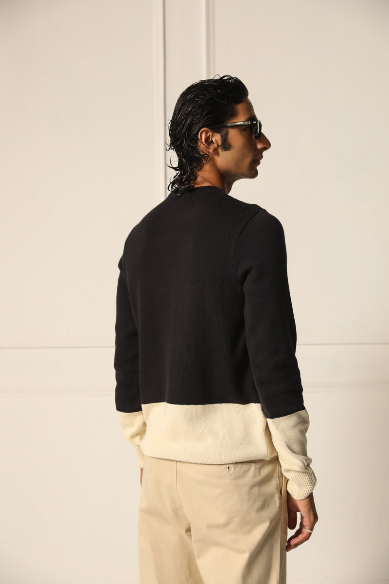Men's Crew Neck Black & White Contrast Panel Sweater [Cozy & Stylish]