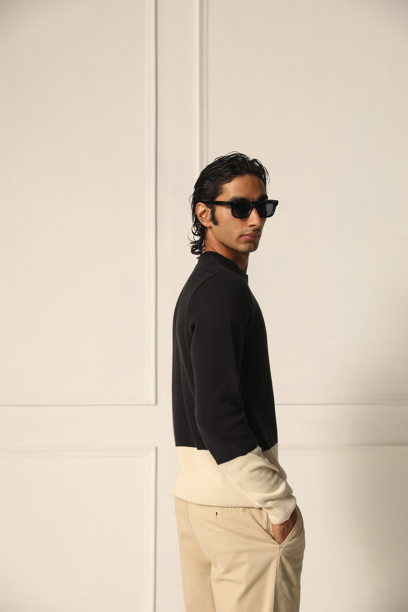 Men's Crew Neck Black & White Contrast Panel Sweater [Cozy & Stylish]