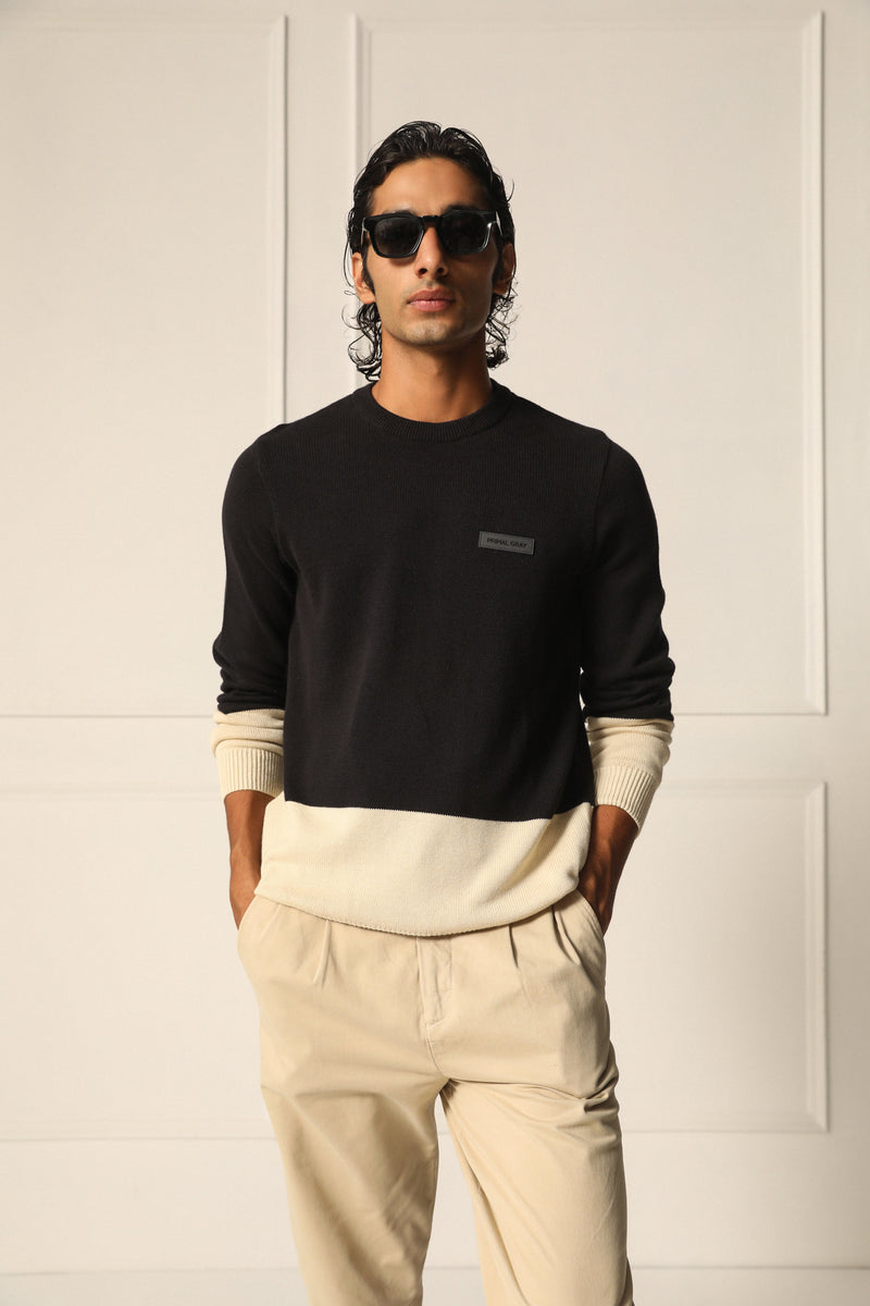 Men's Crew Neck Black & White Contrast Panel Sweater [Cozy & Stylish]