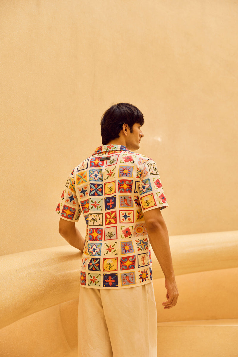 Udaipur Tile Shirt For Men: Casual White Mosaic Print | Cotton Flax Fabric