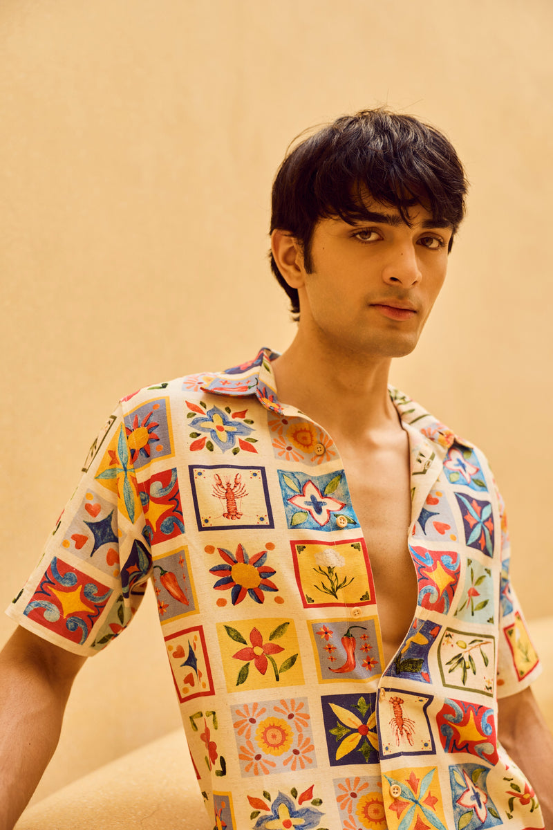 Udaipur Tile Shirt For Men: Casual White Mosaic Print | Cotton Flax Fabric