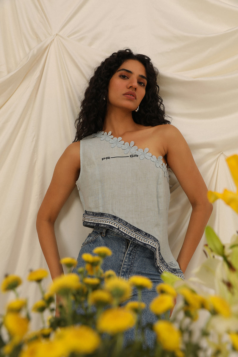 Pure Linen Ice Blue Women's Cut Out Top