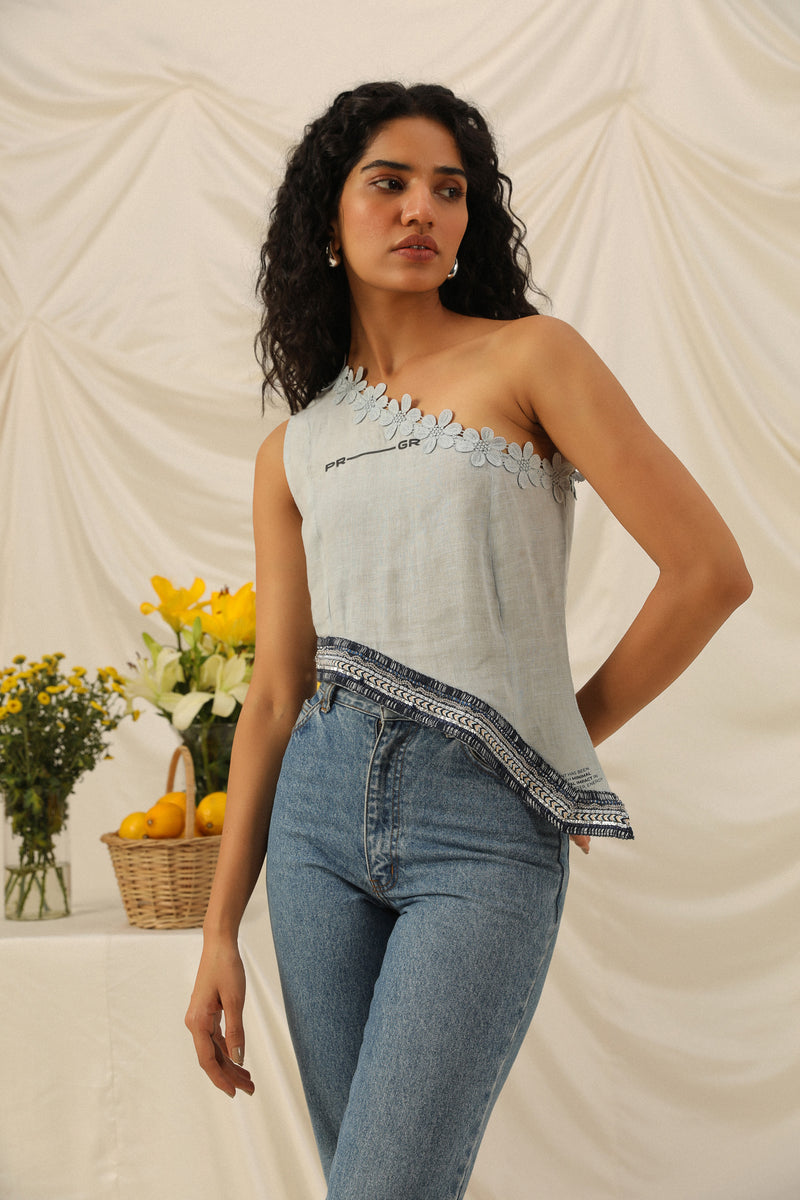 Pure Linen Ice Blue Women's Cut Out Top